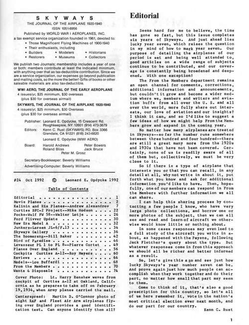 Skyways. The Journal of the Airplane 1920 - 1940. No. 24, Oct. 1992 von Kenn C. Rust (Editor ...