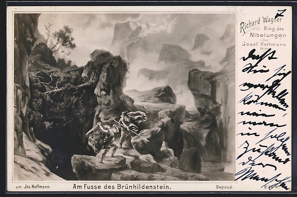 Ansichtskarte Kampf am Fusse des Brünhildenstein aus der Nibelungen ...