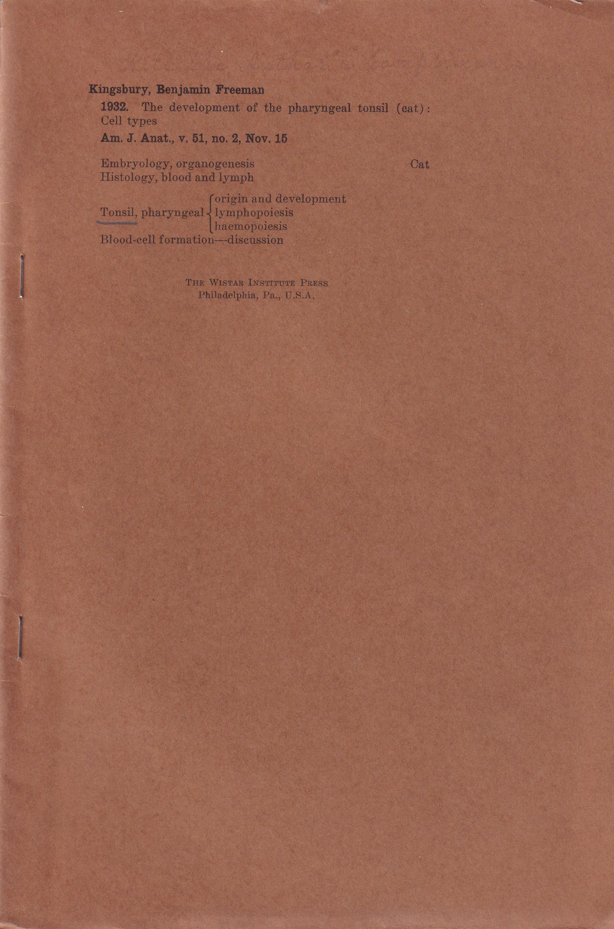 The Development of the Pharyngeal Tonsil (Cat) : Cell Types. by B. F ...