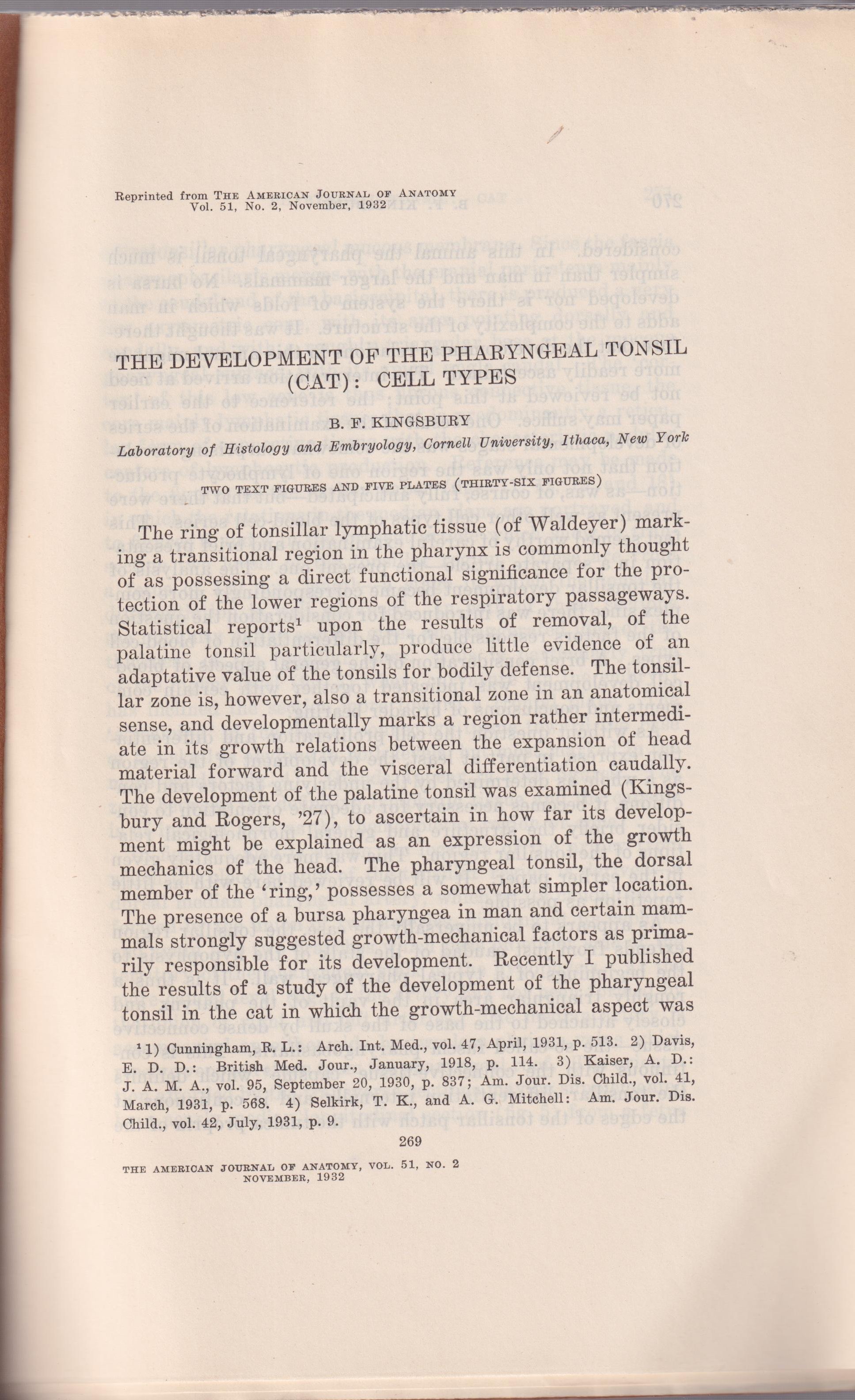 The Development of the Pharyngeal Tonsil (Cat) : Cell Types. by B. F ...