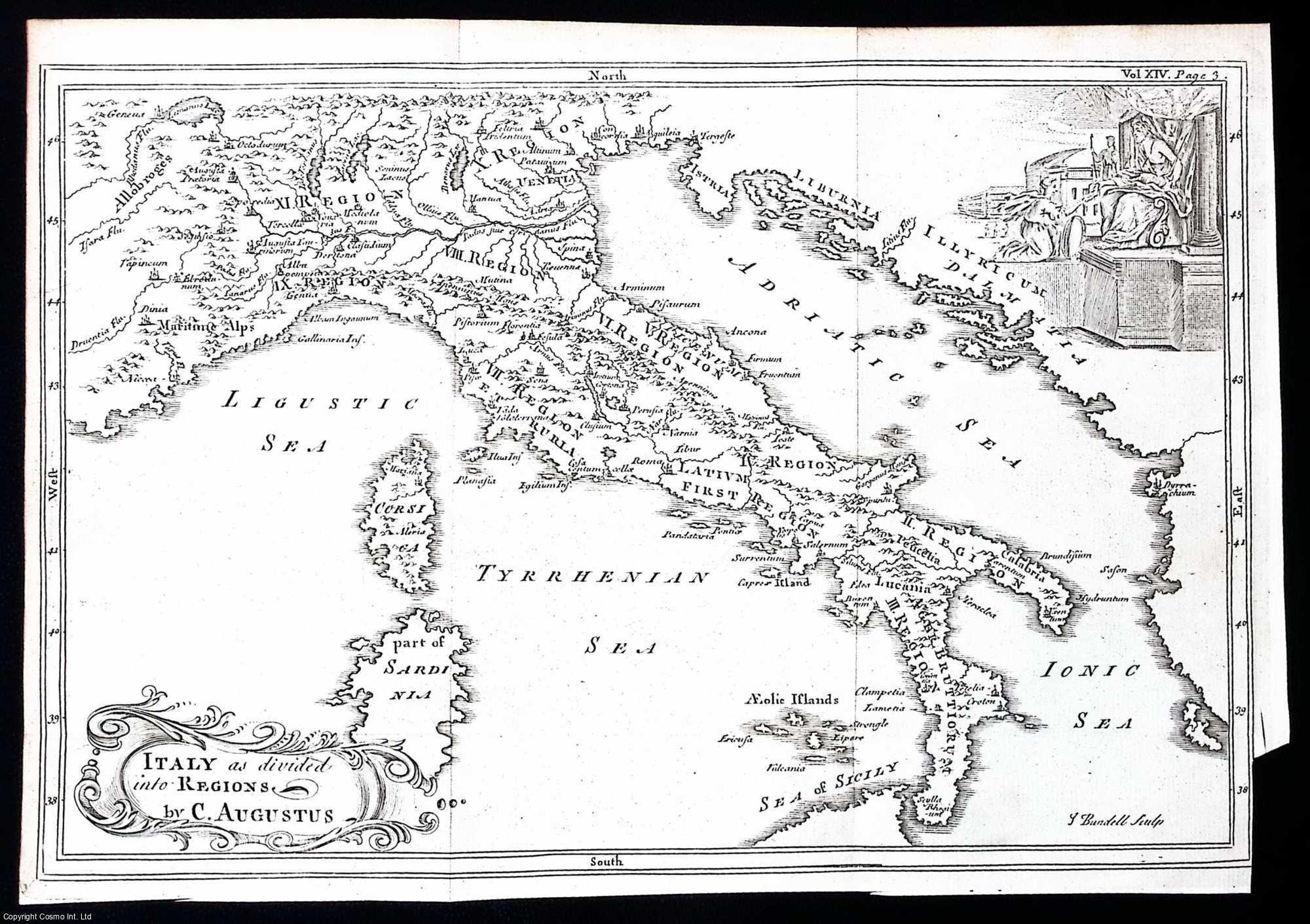 1748, Engraving. A Map of Italy, as divided into Regions by Caesar ...