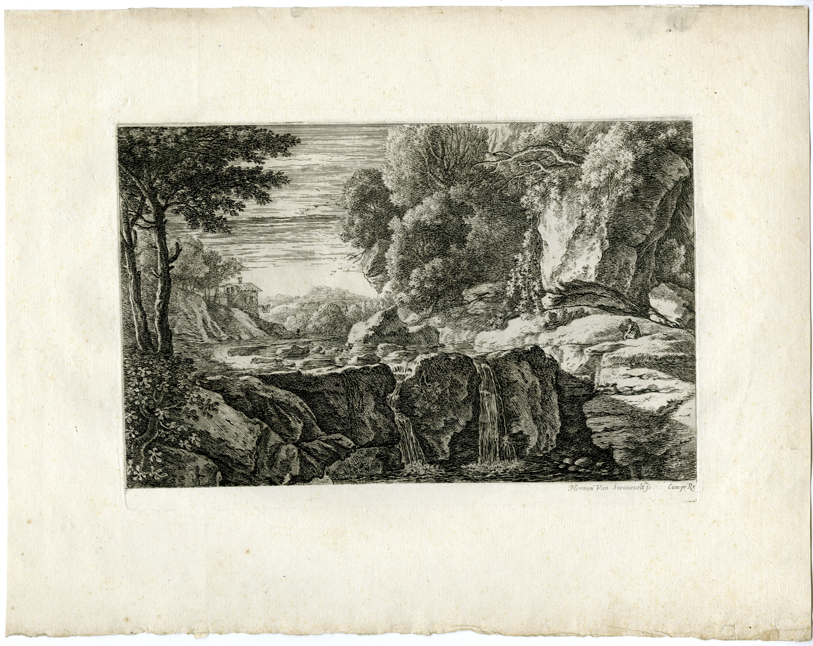 Antique Master Print-SMALL-WATERFALL-PASTORAL LANDSCAPE-Swanevelt-17th ...