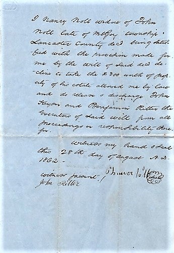 1862 HANDWRITTEN REFUSAL BY THE WIDOW, NANCY NOLL, TO TAKE PROPERTY ...