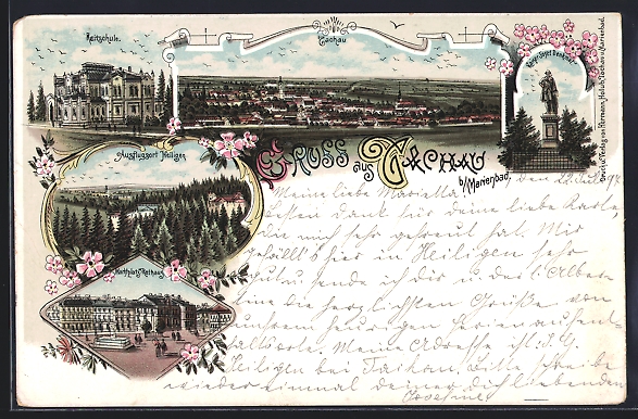 Lithographie Tachau b. Marienbad, Reitschule, Marktplatz m. Rathaus ...