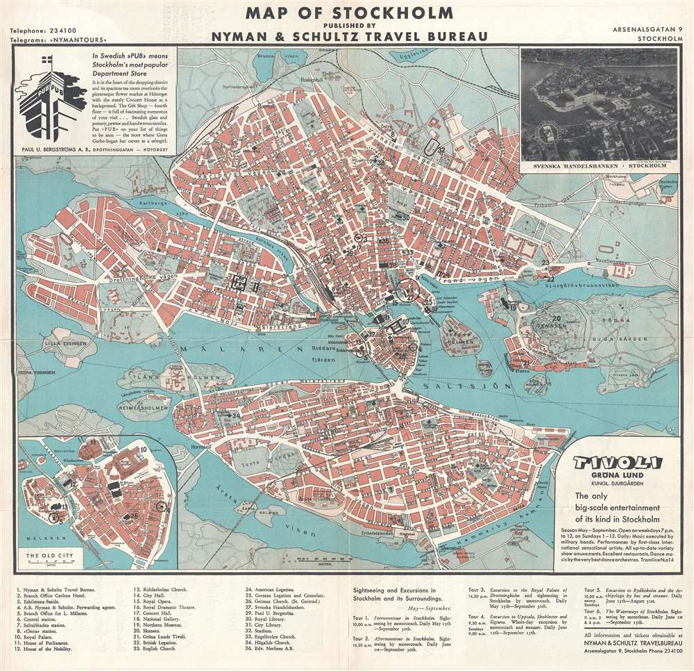 Map of Stockholm. by 1935 Nyman and Schultz City Map or Plan of ...