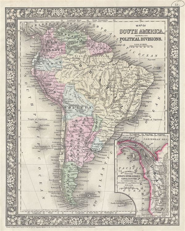 Map of South America, showing its Political Divisions. de 1866 Mitchell Map of South America ...
