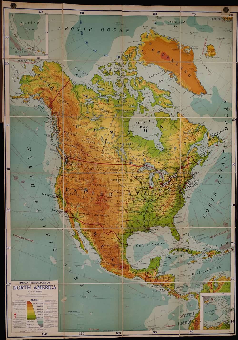 Ranally physical-political North America. de 1949 Rand McNally Wall Map ...