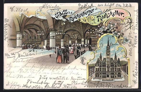 Lithographie Reichenberg, Gasthaus Reichenberger Rathskeller ...