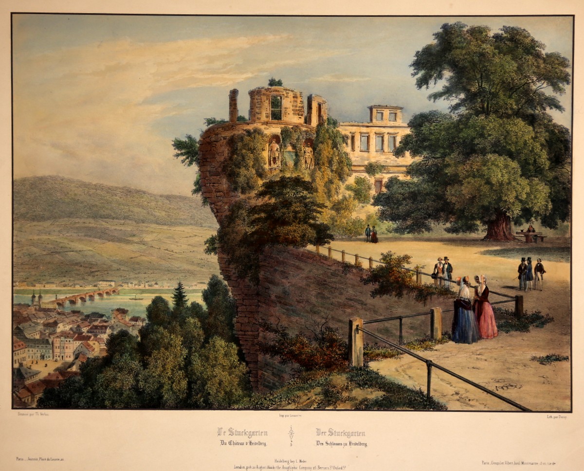 Der Stuckgarten des Schlosses zu Heidelberg. Blick von der Terrasse auf ...