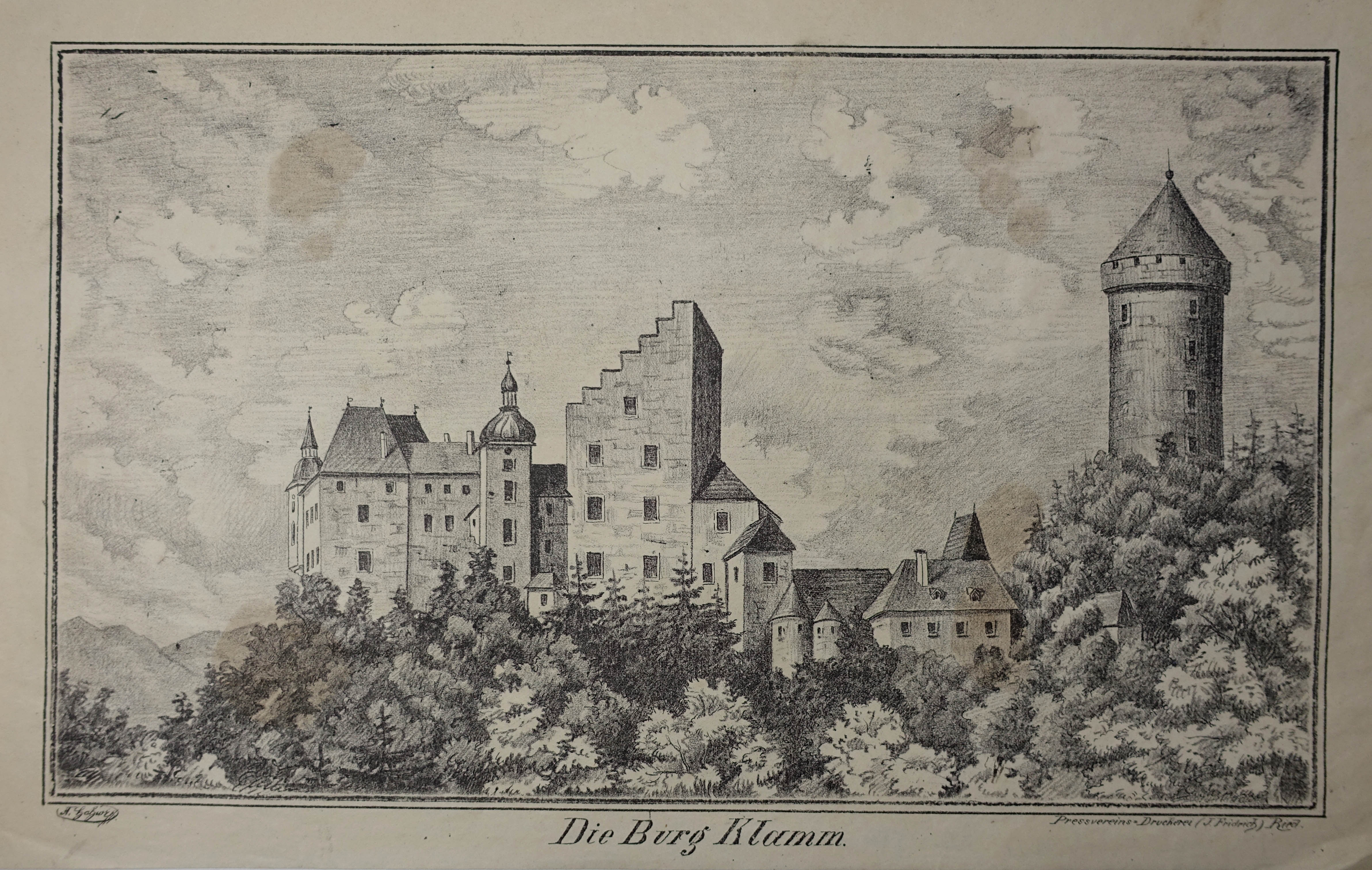 Die Burg Klamm. Lithographie v. A. Hochwimmer aus "Unser Oberösterreich ...
