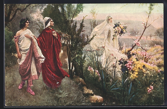 Künstler-Ansichtskarte Dante und Mathilda im Wald: Manuskript ...