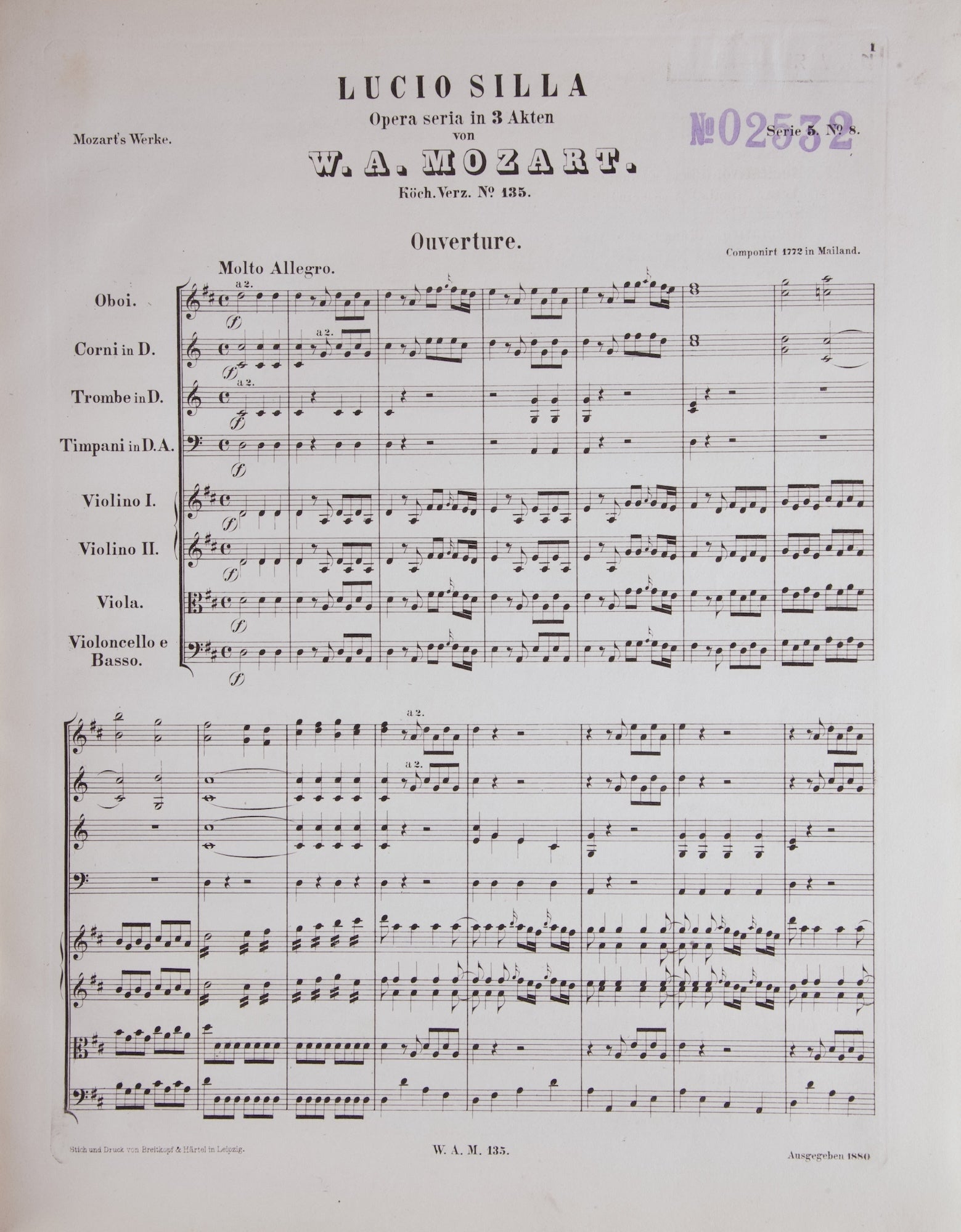 [KV 135]. Lucio Silla. Opera seria in 3 Akten. Partitur. [Full score] von MOZART, Wolfgang ...
