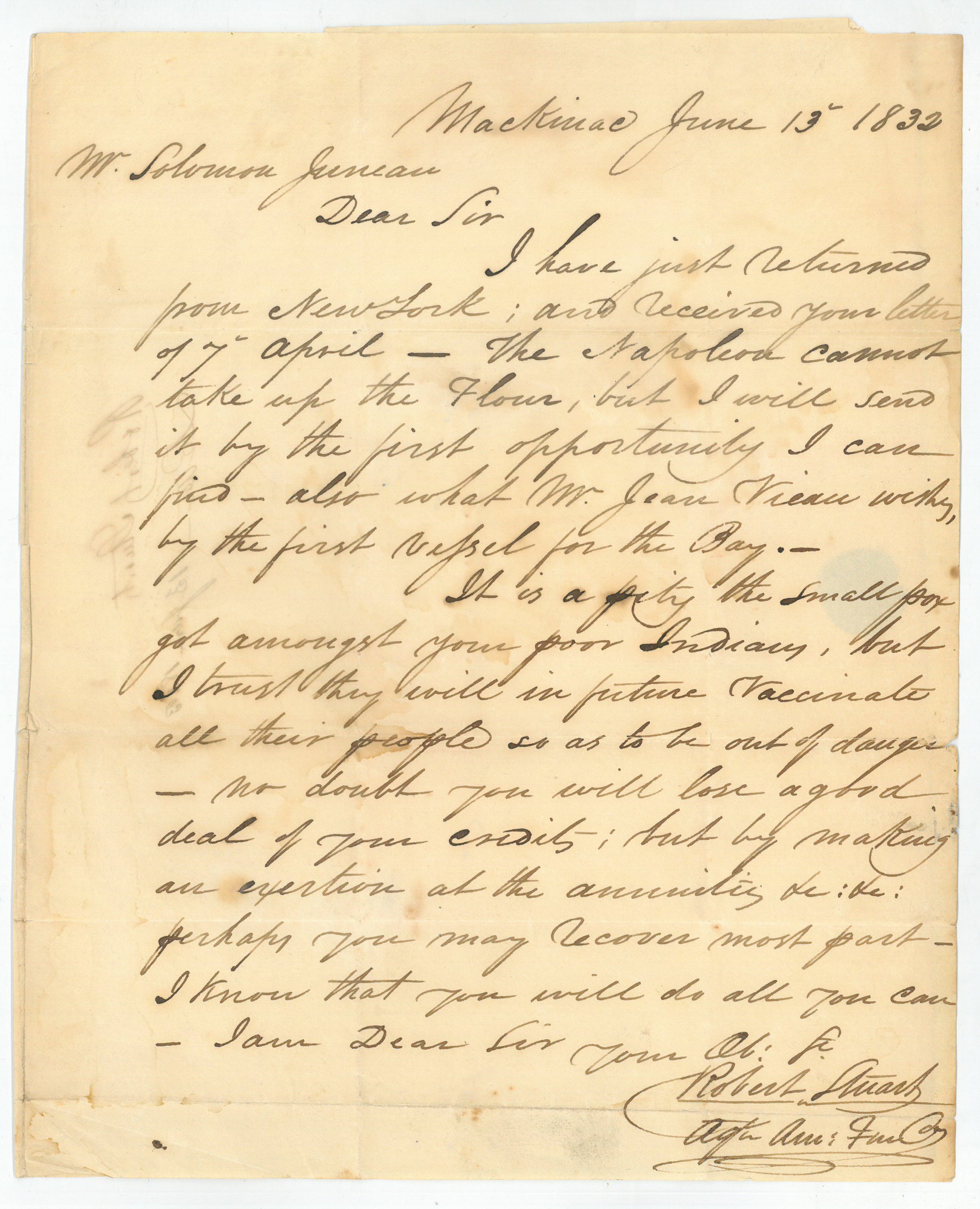 Autograph letter signed ("Robert Stuart Agt Am. Fur Co"). by Stuart ...