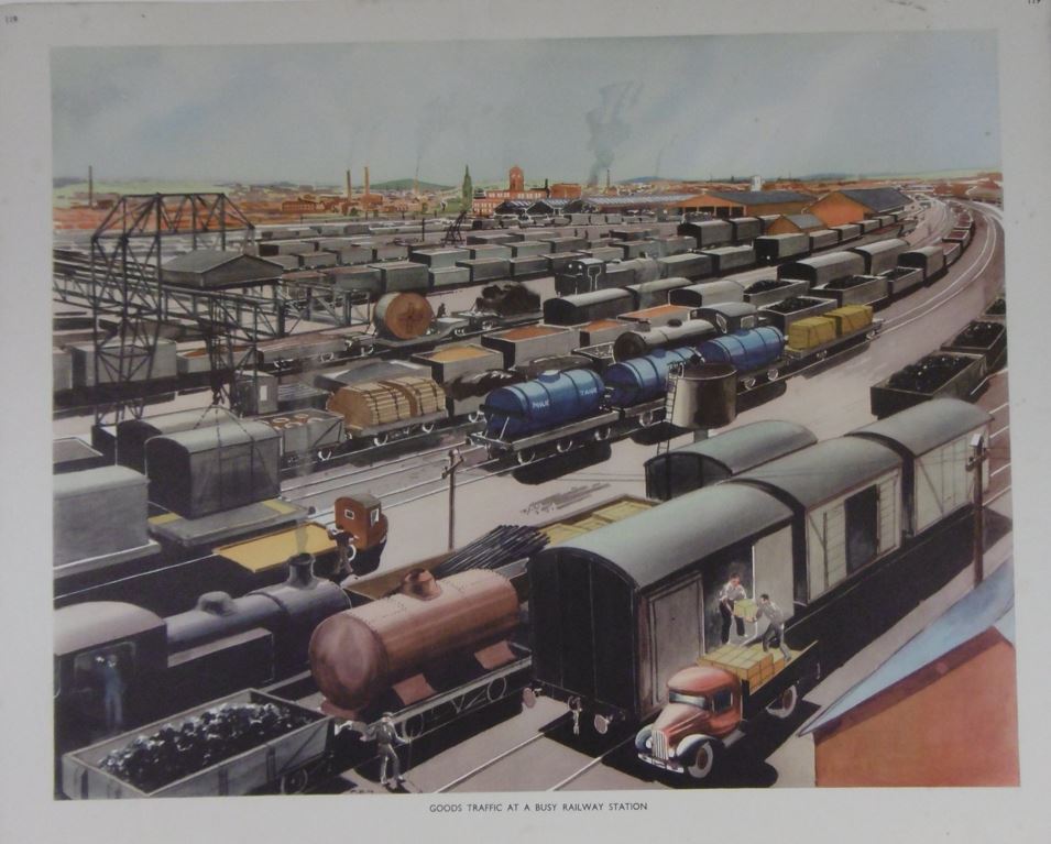 Goods traffic at a busy railway station. von MACMILLAN'S GEOGRAPHY ...