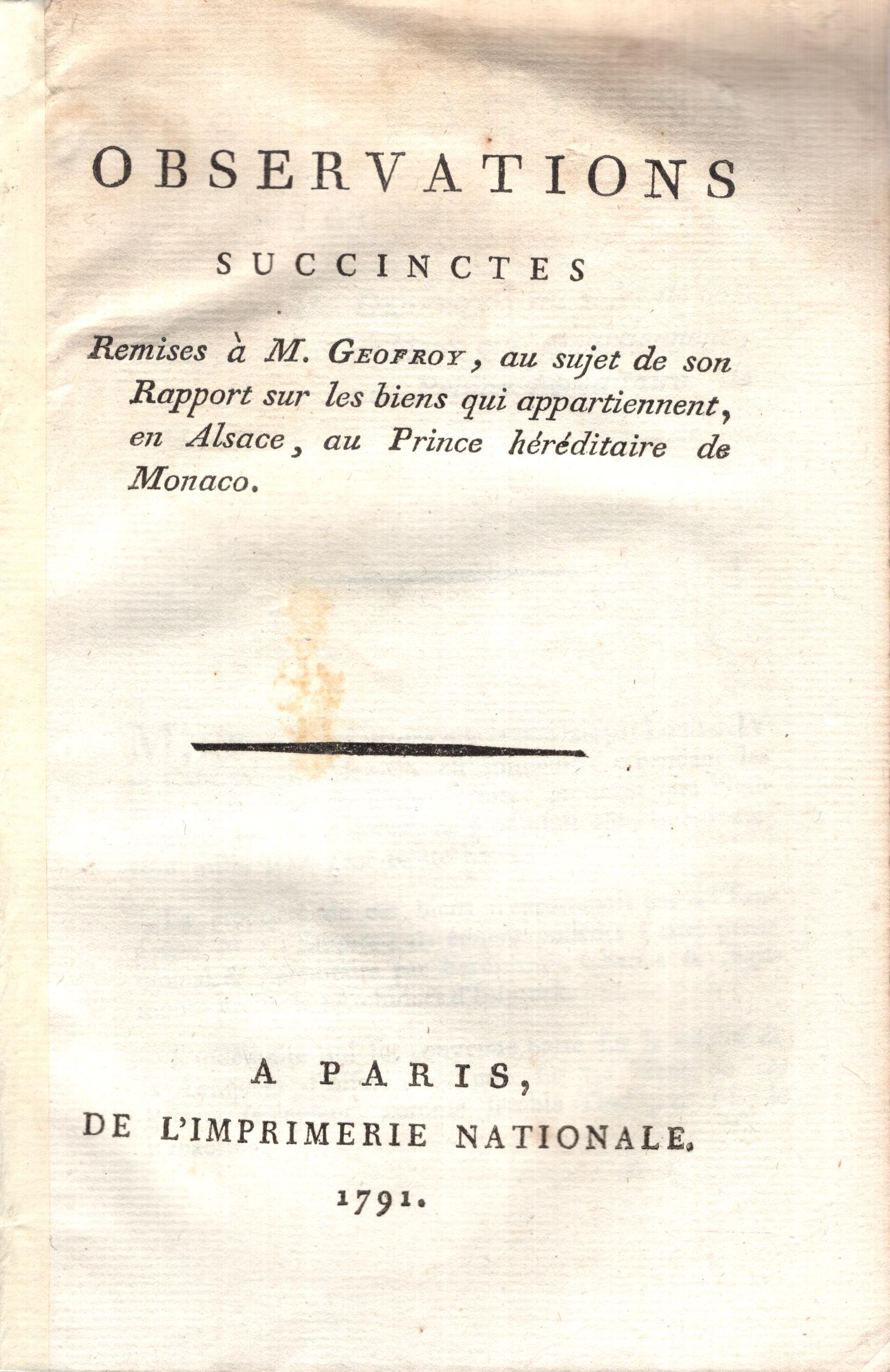 Observations succinctes remises à M. Geofroy [sic], au sujet de son ...