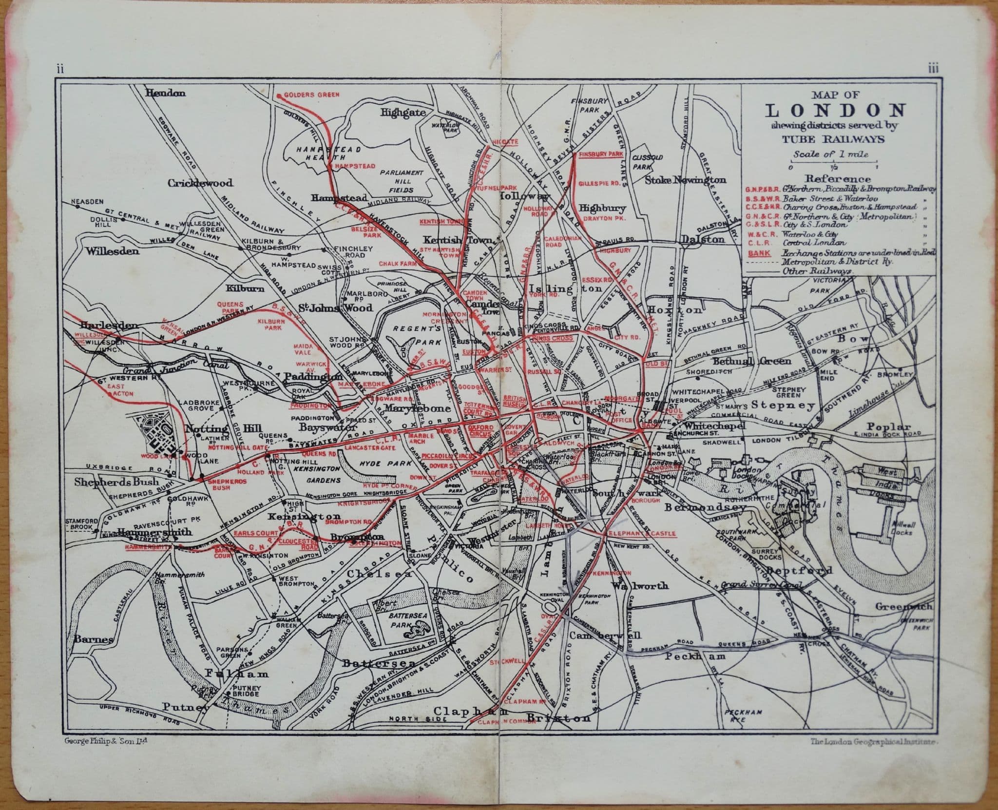 Antique London Underground Map, Tube Stations Railway Companies Vintage ...