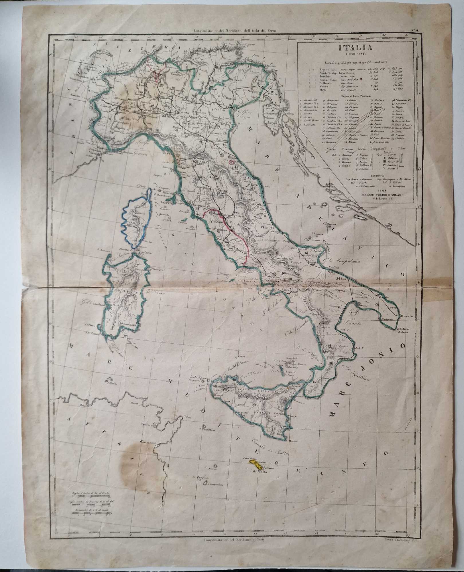 Hand-Coloured Map of Italy (Original Lithograph c.1850) de Ex. Danville ...