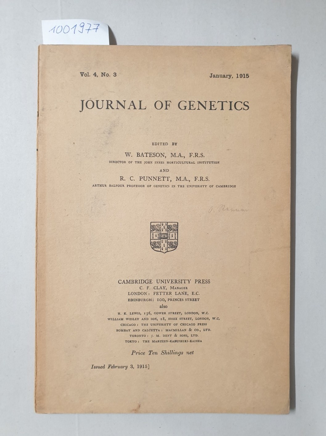 Journal of Genetics, Vol. 4, no.3, January 1915: by Punnett, R.C. und W ...