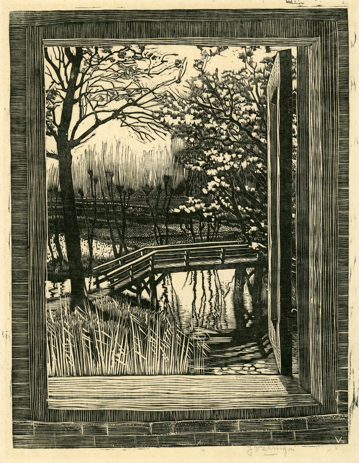 Antique Master Print-WOODCUT-VIEW-WINDOW-OVERVEEN-Veringa-20th c. by ...