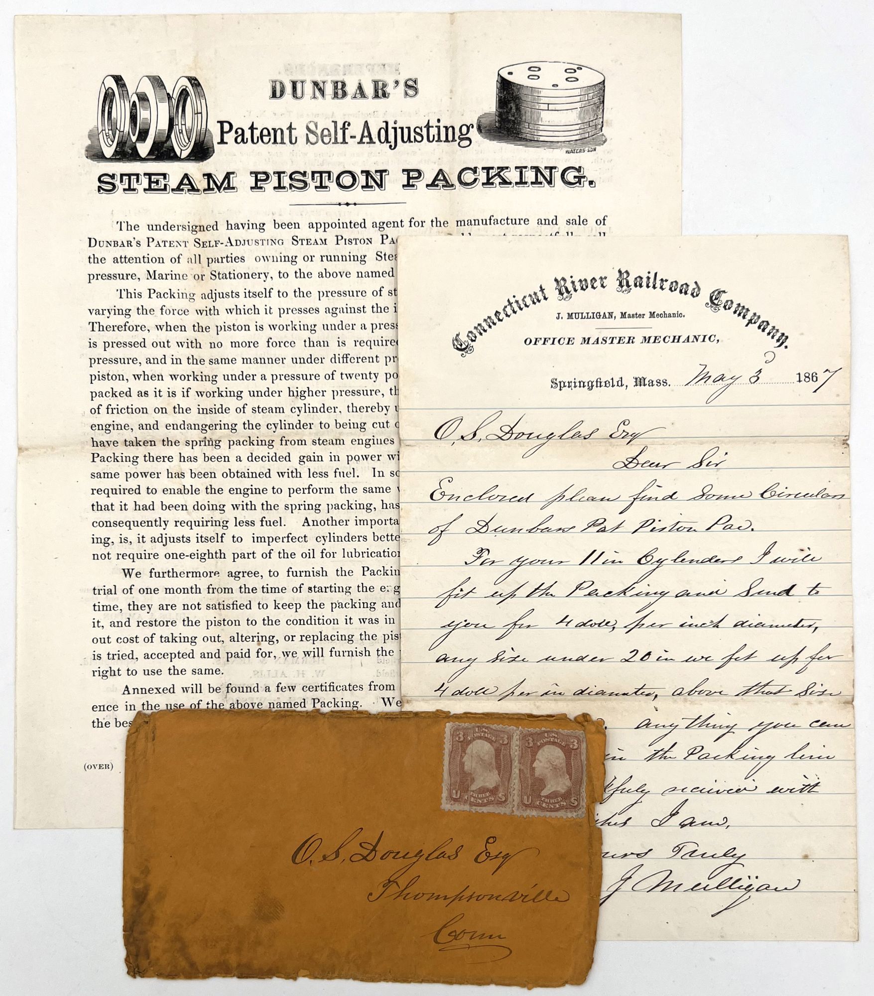 Dunbar's Patent Self-Adjusting Steam Piston Packing: (1867) Signed by ...