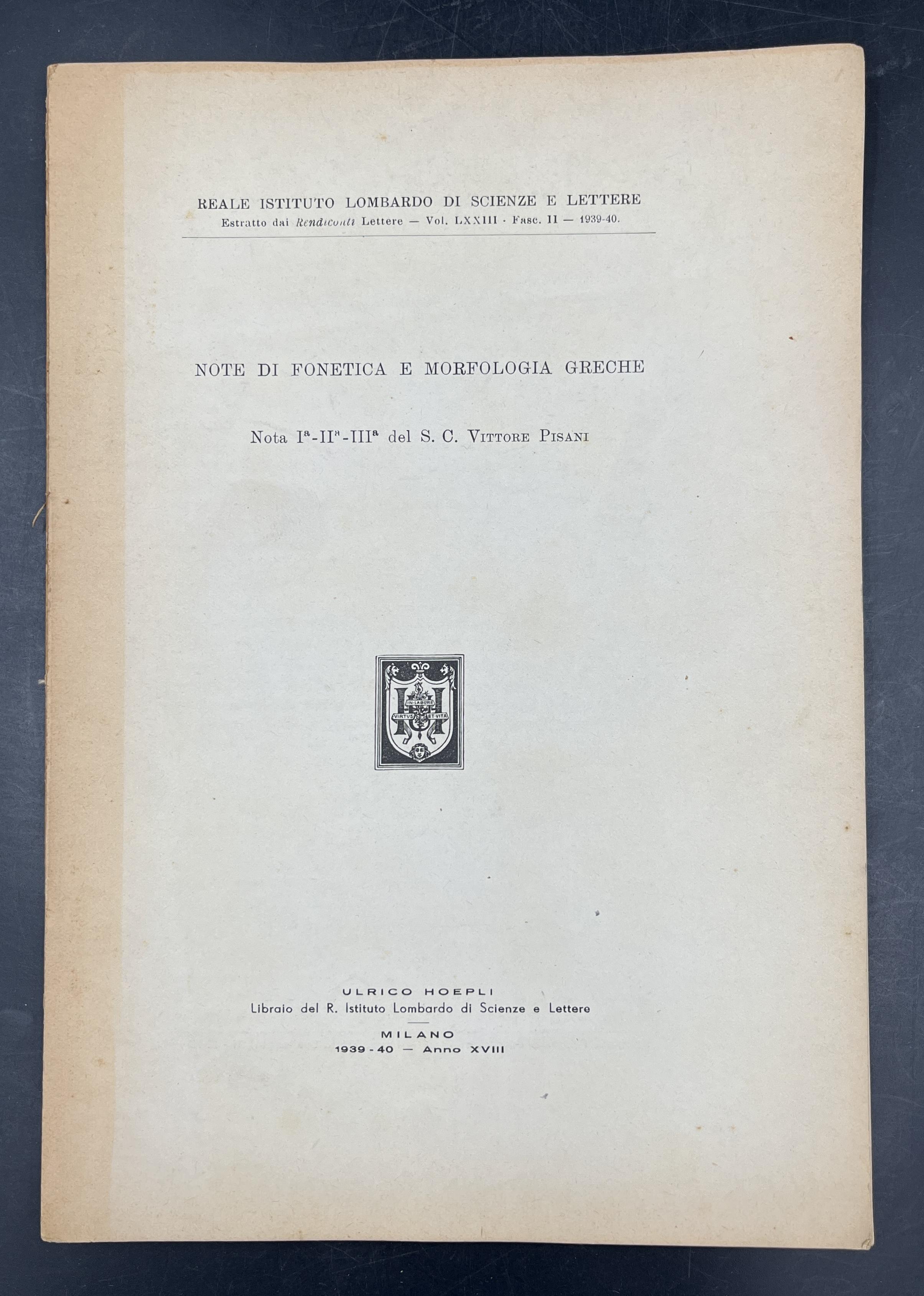 Note di FONETICA e MORFOLOGIA GRECHE. Nota Iª, IIª, IIIª del S. C ...