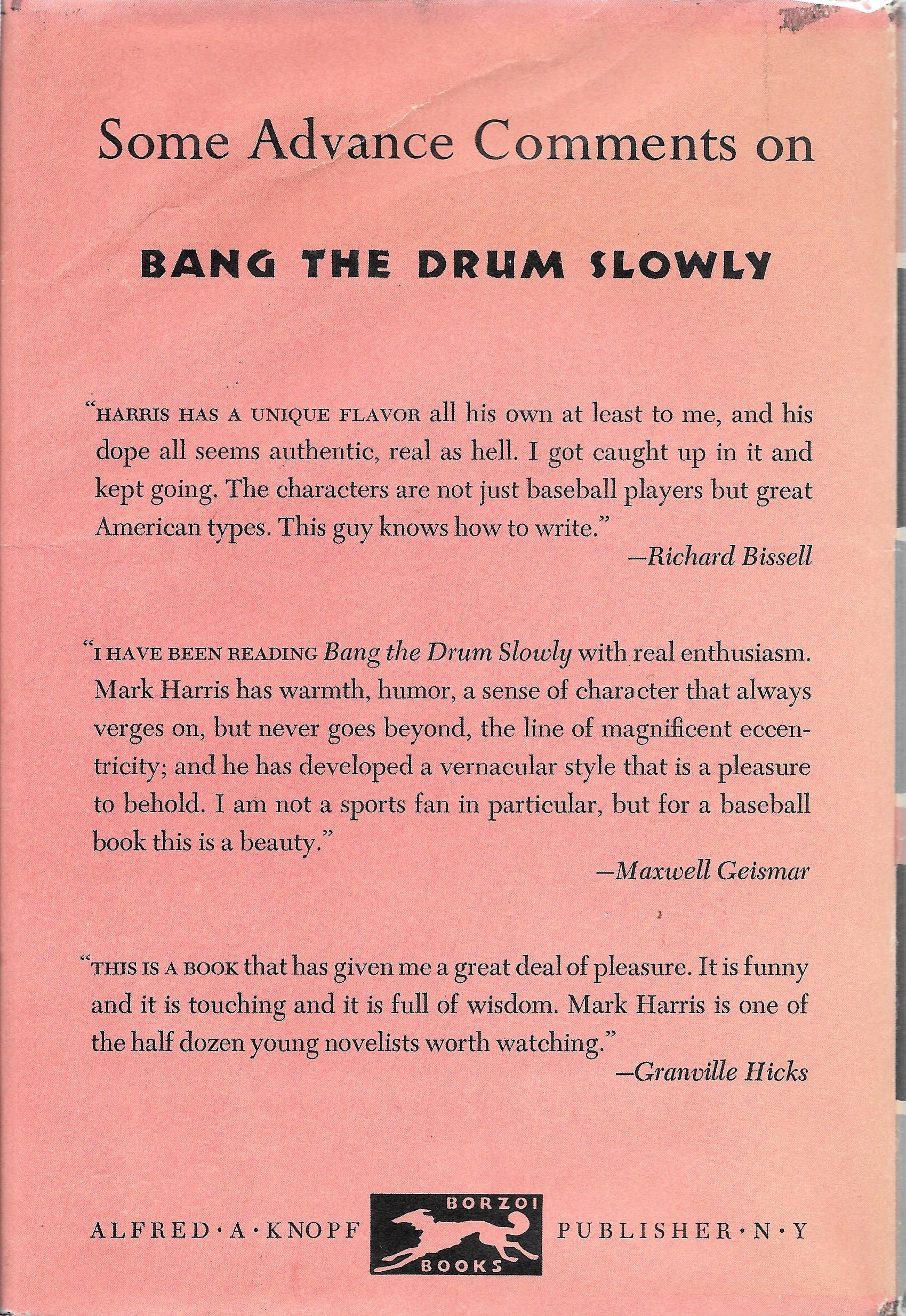 Bang the Drum Slowly by Mark Harris: Near Fine Hardcover (1956 ...