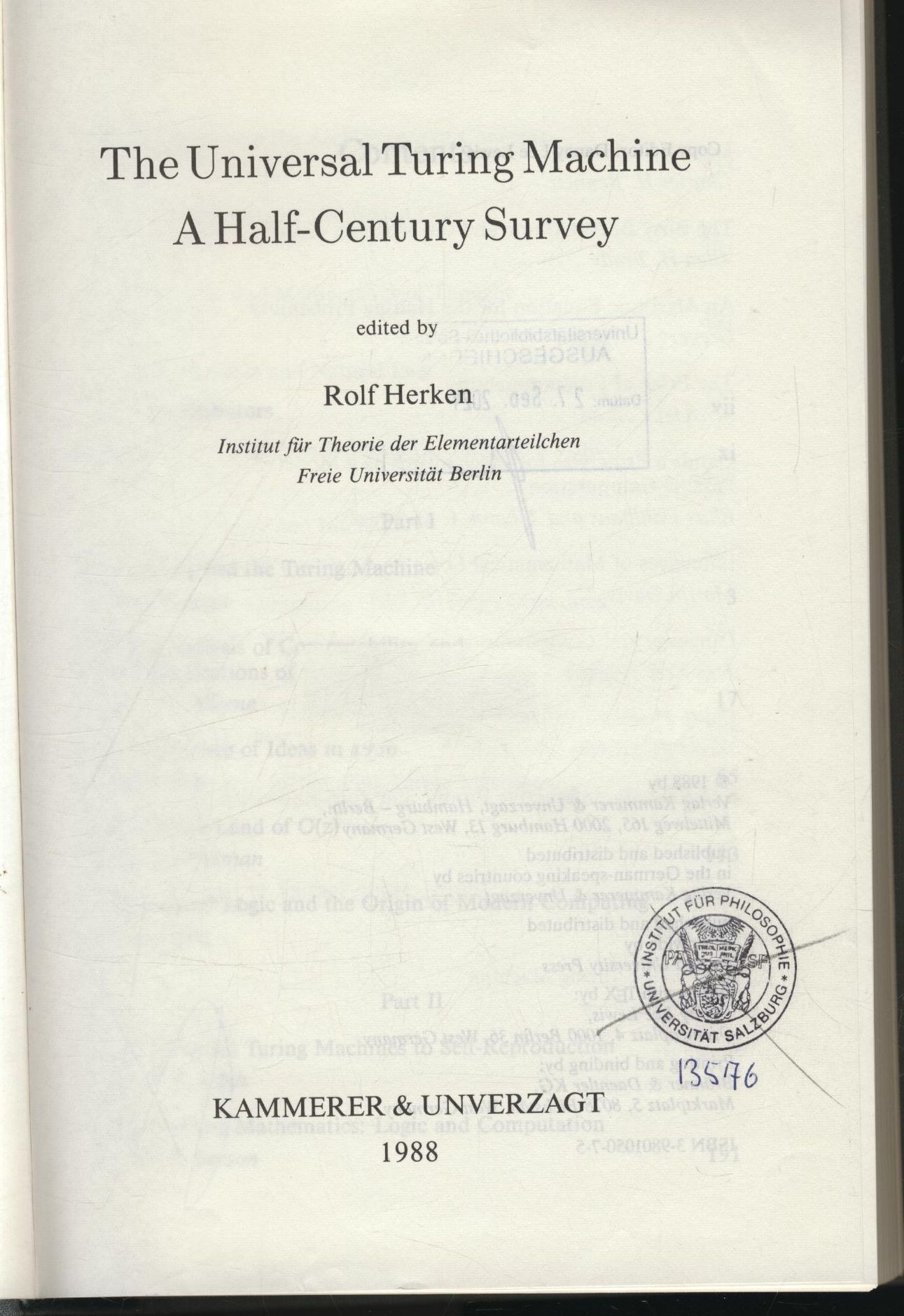 The Universal Turing Machine - A Half-Century Survey by Herken, Rolf ...
