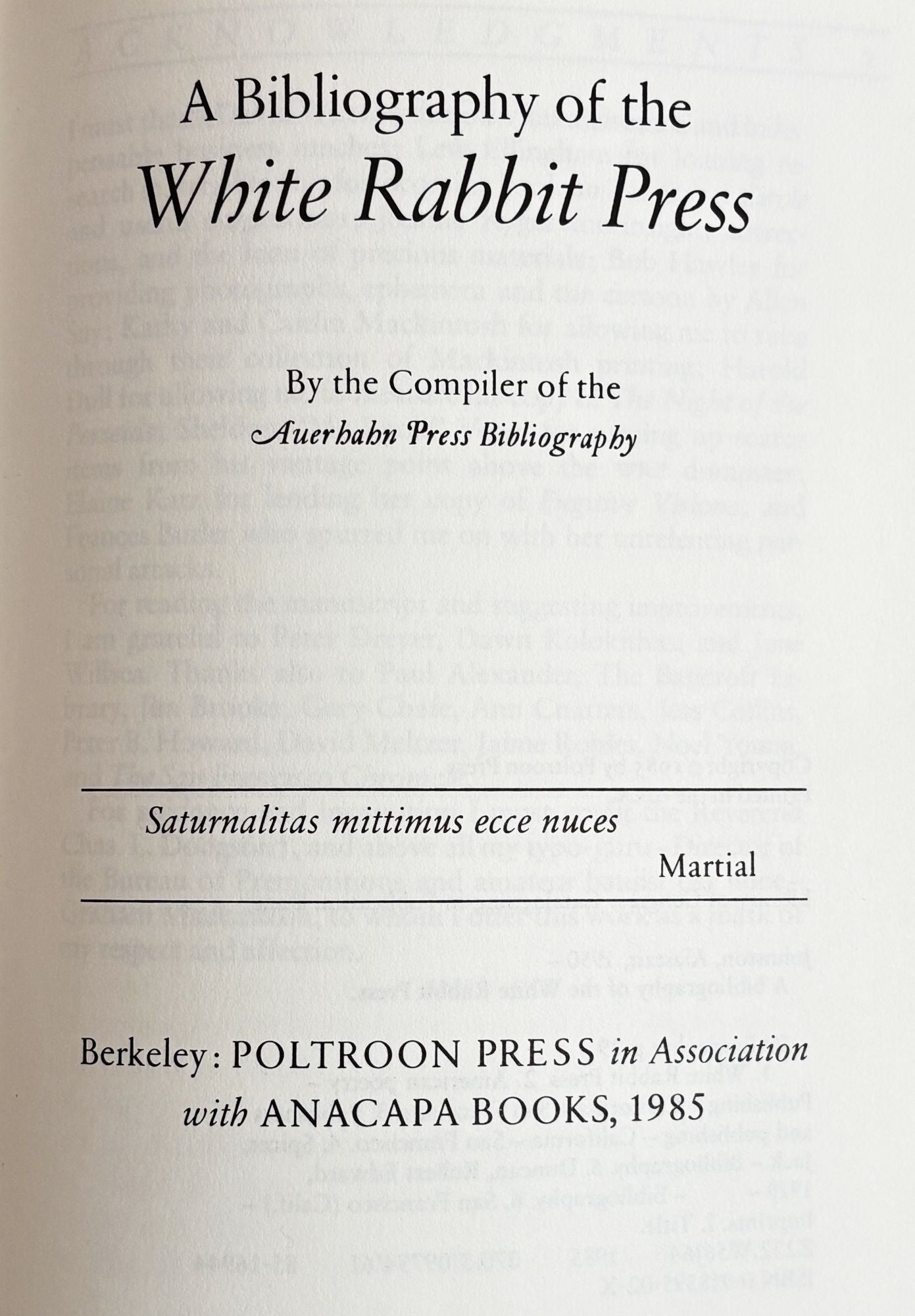 A Bibliography of the White Rabbit Press by Alastair Johnston: (1985) | My Book Heaven
