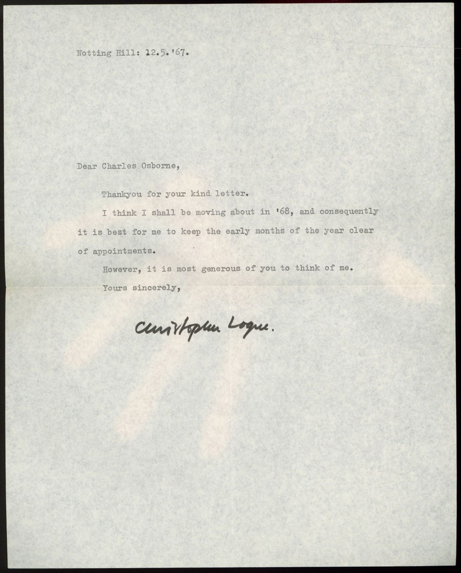 1967 Typed Note Signed by LOGUE, Christopher: Fine Unbound (1967 ...