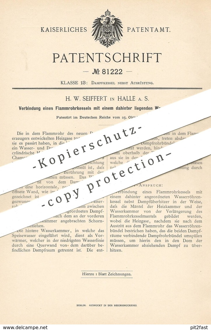 original Patent - H. W. Seiffert , Halle / Saale | Verbindung von Flammrohrkessel mit ...