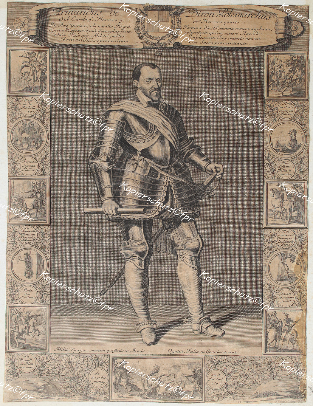 "Armandus de Biron, Polemarchus" (Ganzfigur Porträt mit Vignetten ...