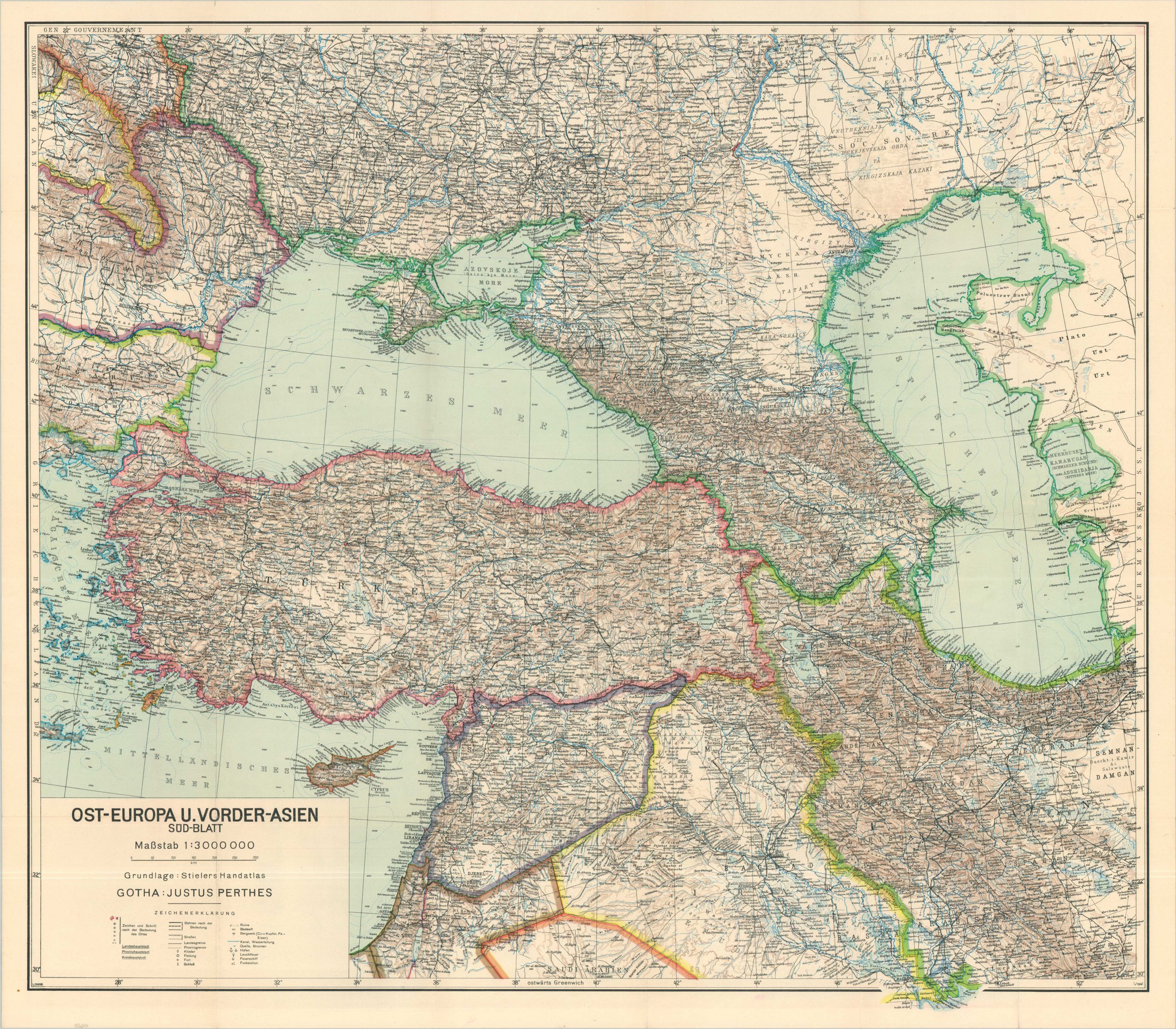 Ost-Europa U. Vorder-Asien - A detailed German map of southeastern ...