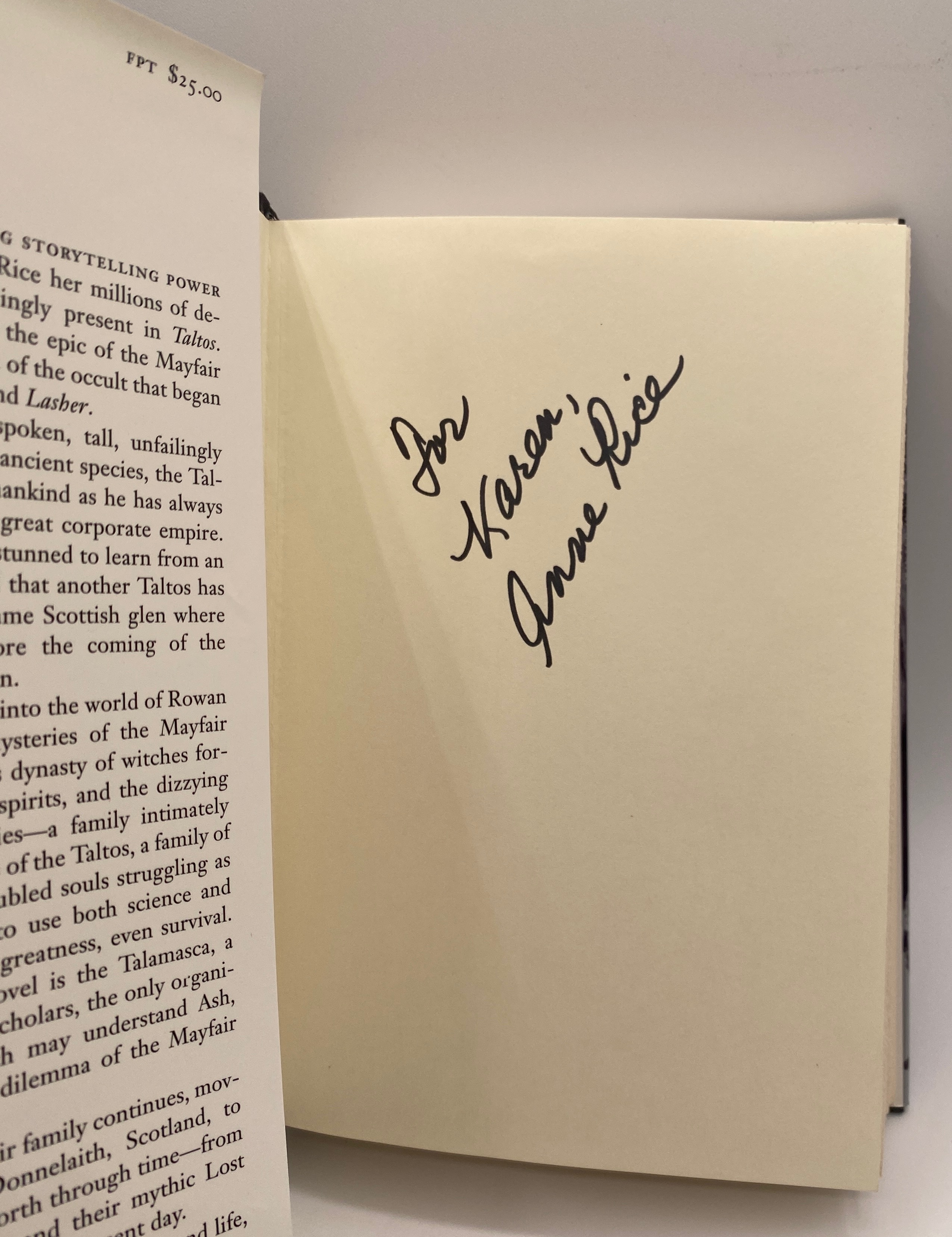 TALTOS: Lives of the Mayfair Witches. Signed and inscribed by Anne Rice ...
