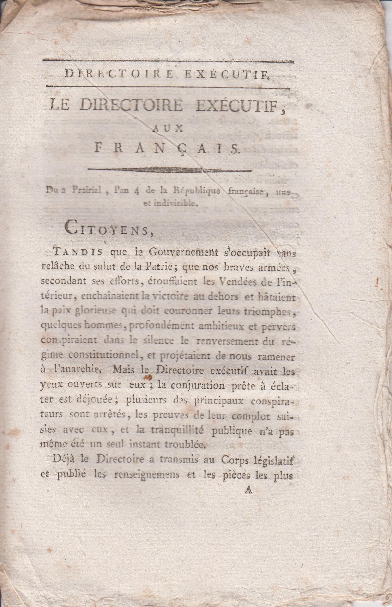 Le Directoire exécutif aux français 2 prairial an IV: Bon Couverture ...