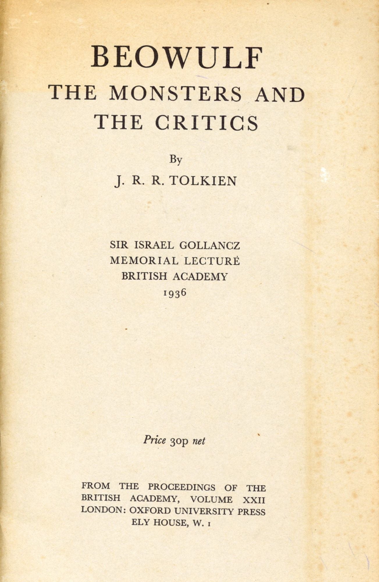Beowulf: The Monsters and the Critics by TOLKIEN, J.R.R.: Very good ...