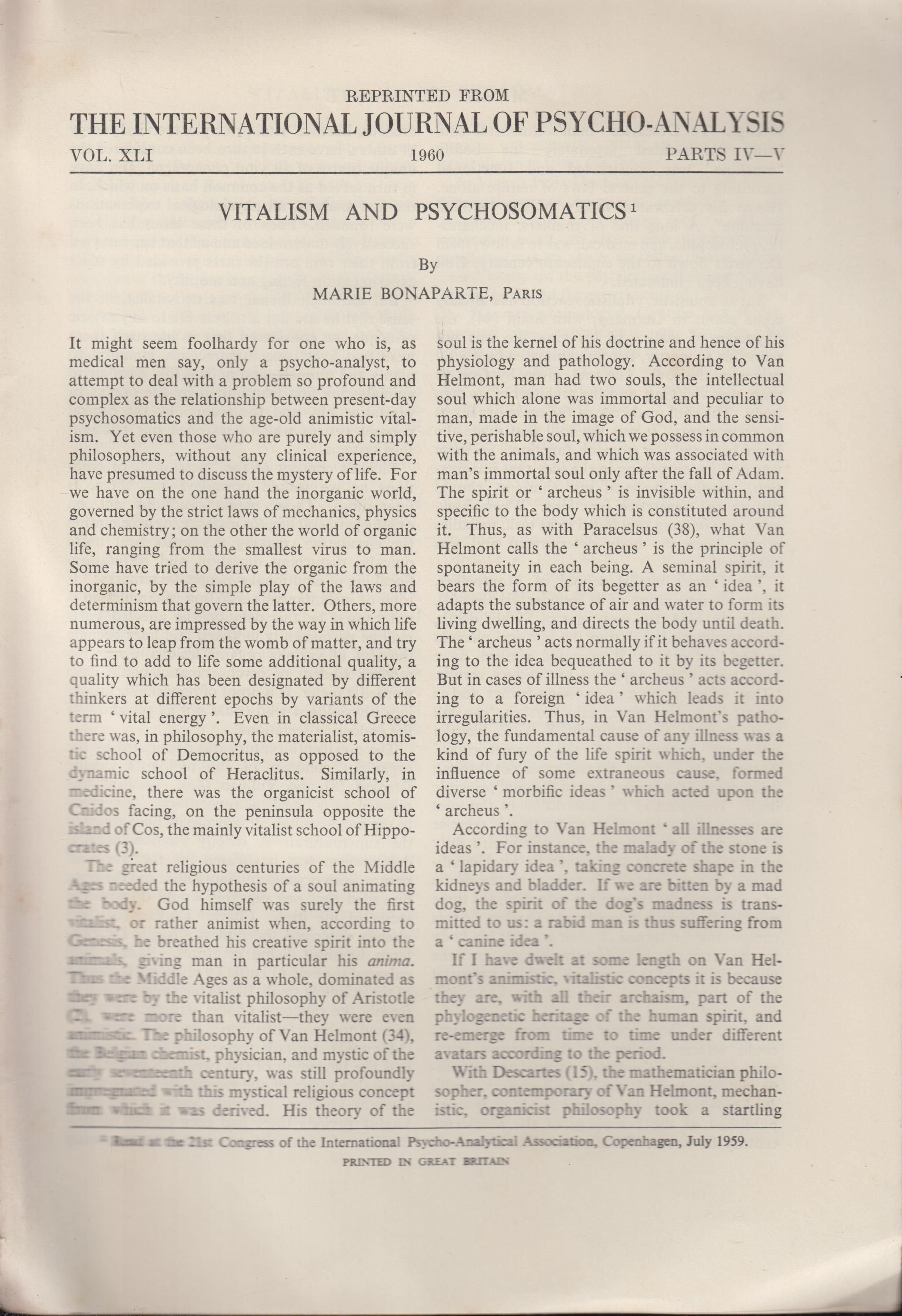 Vitalism and psychosomatics by Marie BONAPARTE: Très bon Couverture ...