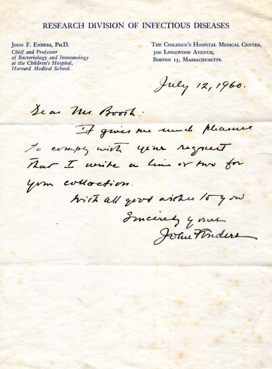 John Franklin Enders autograph letter signed von John Franklin Enders ...