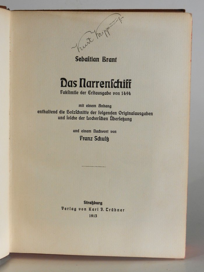 Das Narrenschiff. Faksimile der Erstausgabe von 1494 mit einem Anhang ...