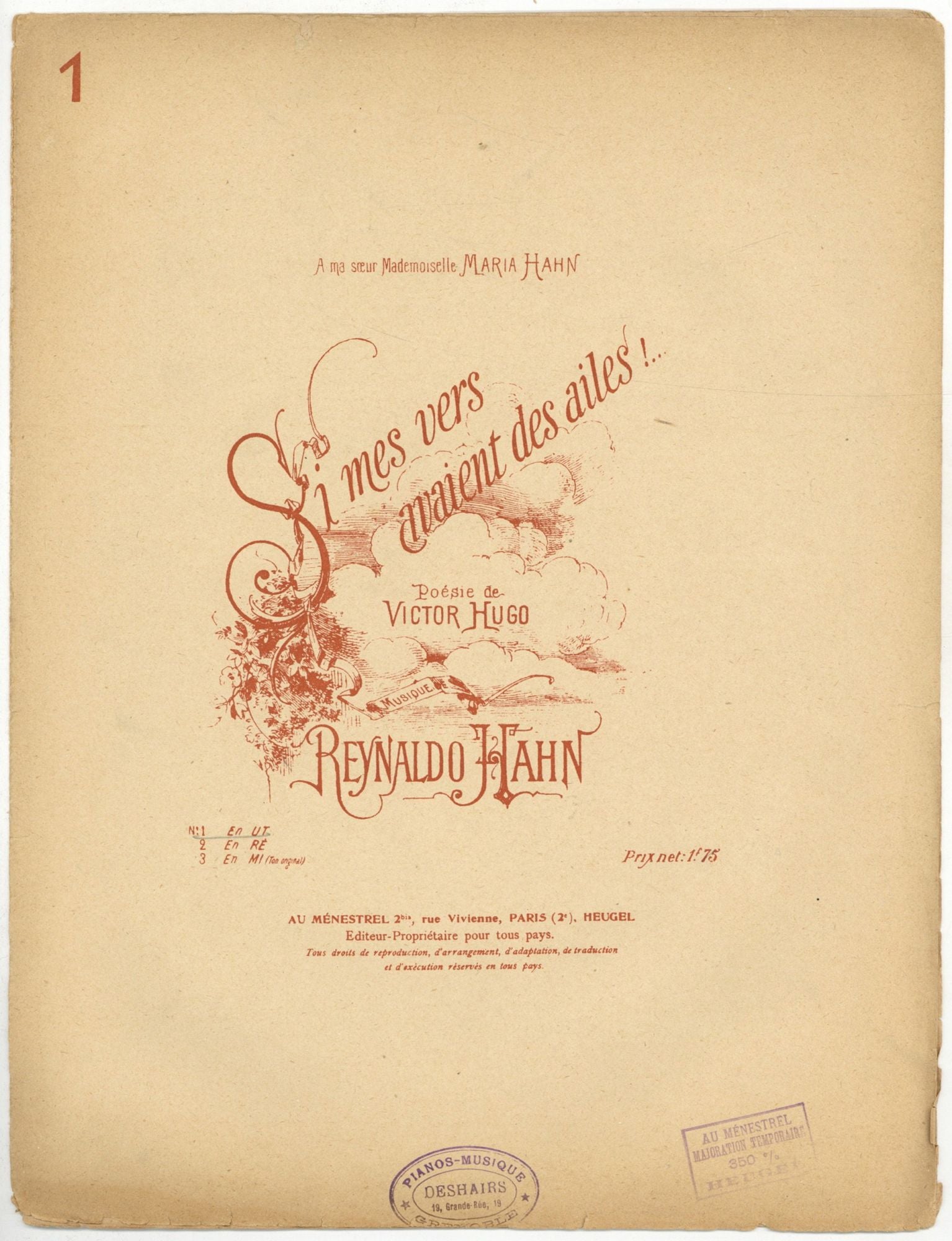 [Sheet music]: Si Mes Vers Avaient Des Ailes! by HUGO, Victor, words by ...