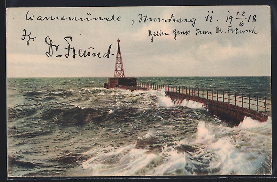 Ansichtskarte Warnemünde, Molenkopf: (1918) Manuskript ...