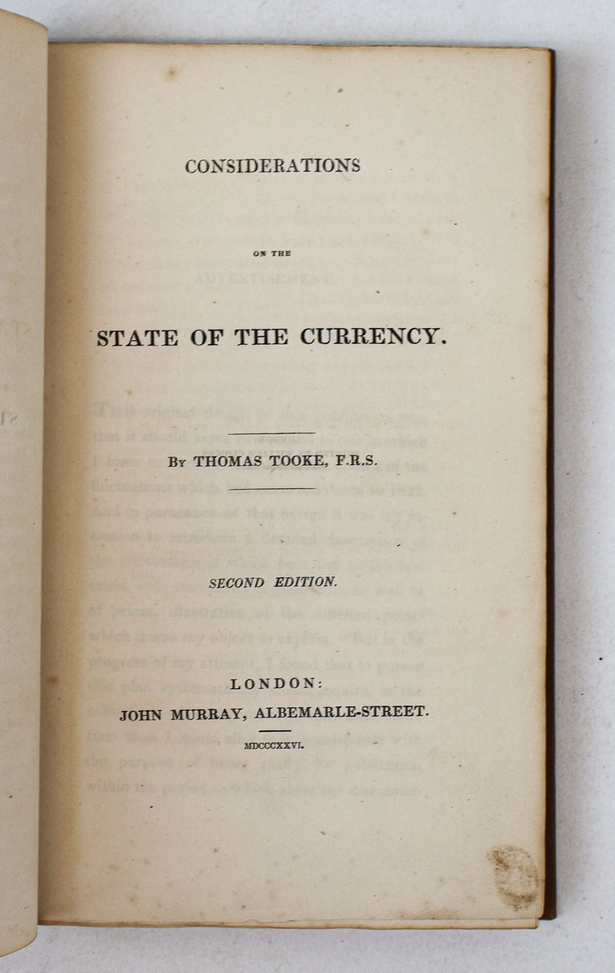 CONSIDERATIONS ON THE STATE OF THE CURRENCY von Tooke, Thomas; [Fawkner ...