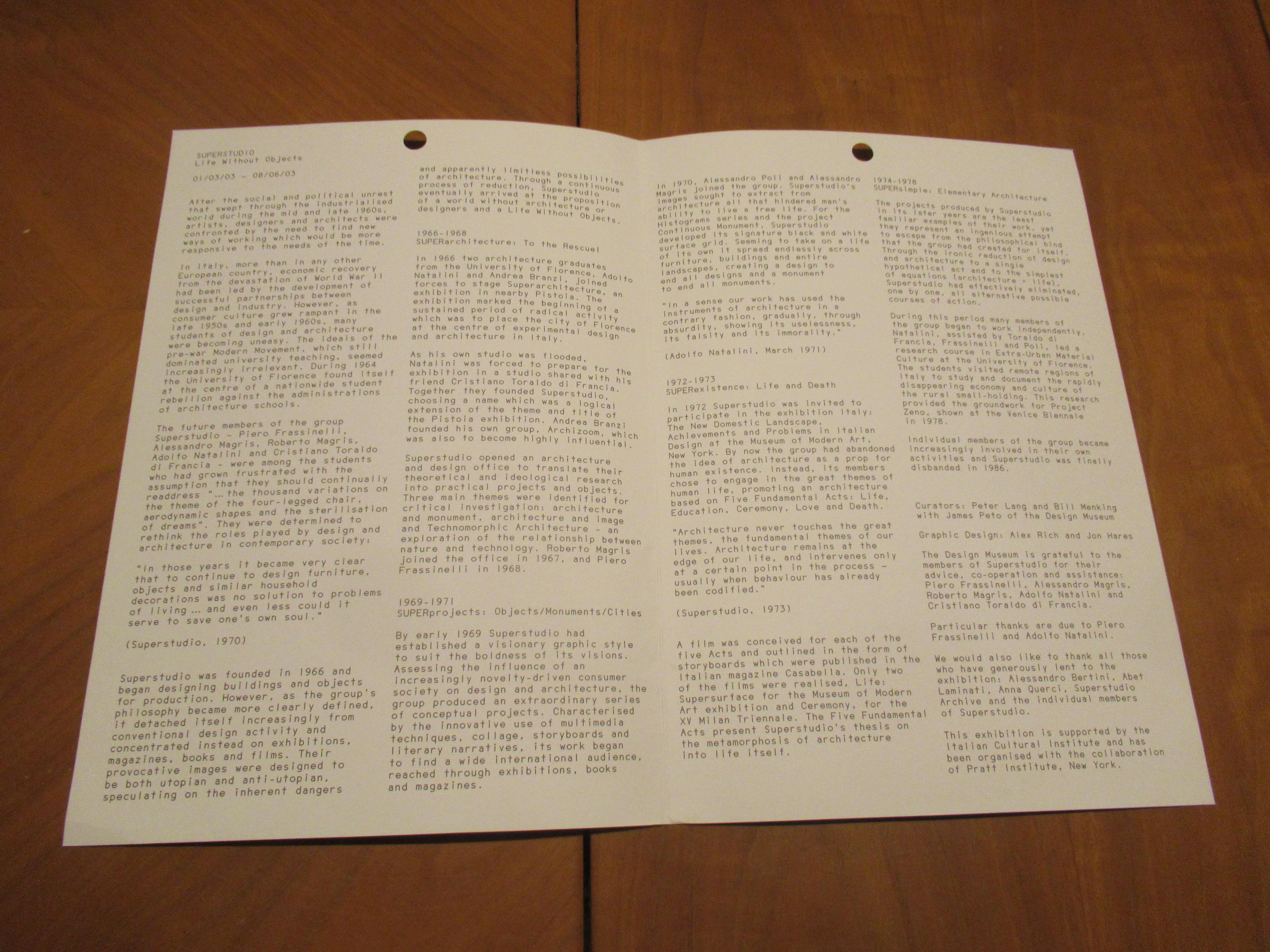 Not The Book. Superstudio: Life Without Objects; Large Gallery Guides To The Exhibit, 01/03/03 ...