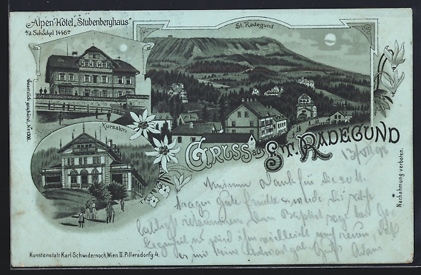 Mondschein-Lithographie St. Radegund am Schröckl, Alpen-Hotel ...