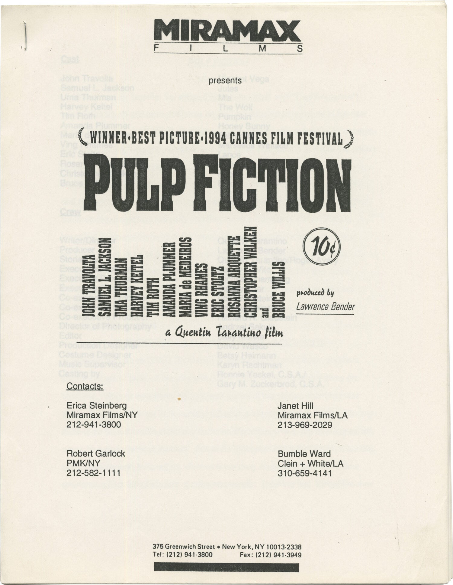 Pulp Fiction (Original press kit for the 1994 film, including 13 original photographs and a ...