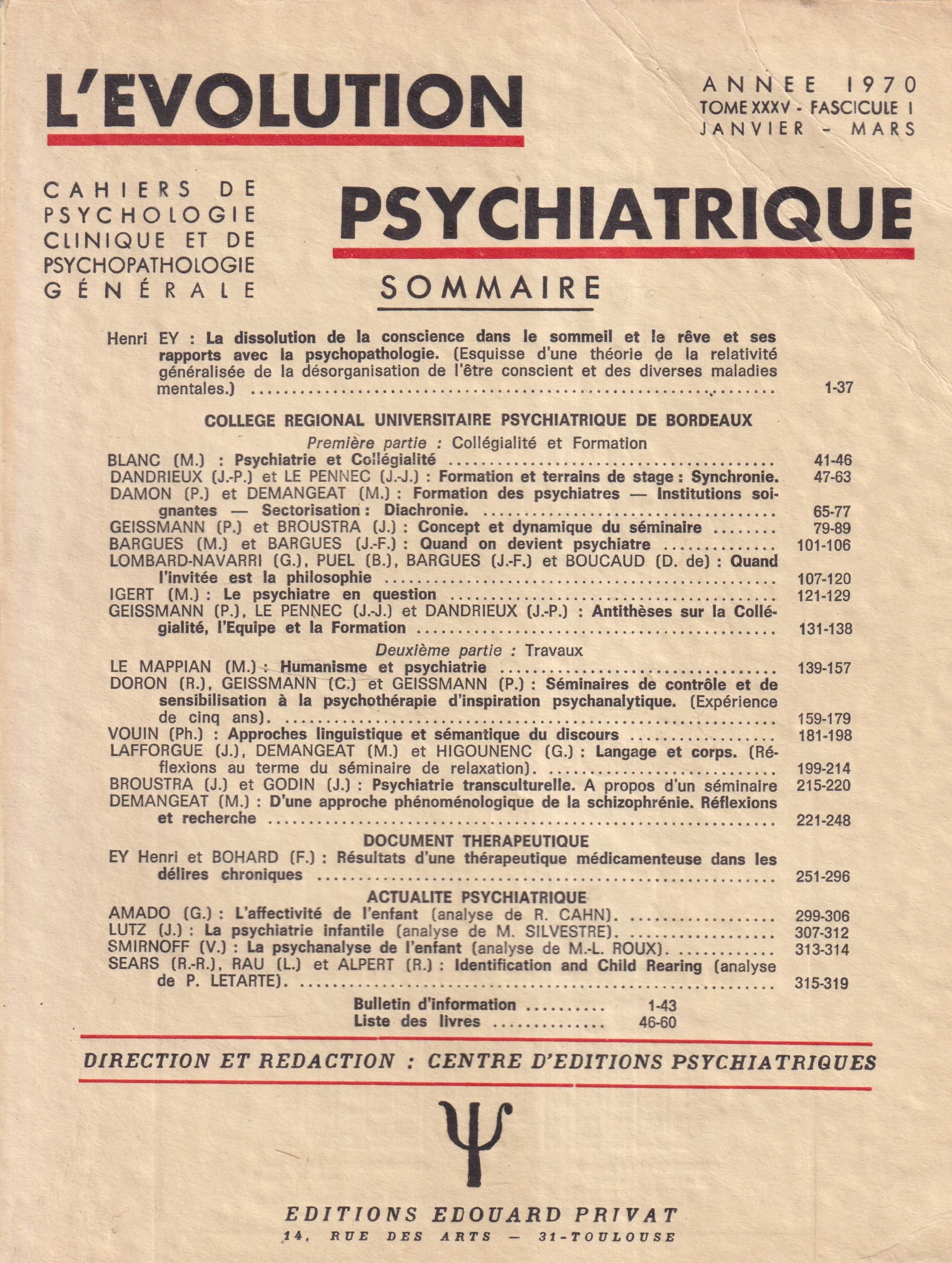 L'Évolution Psychiatrique - Cahiers de Psychologie clinique et de ...