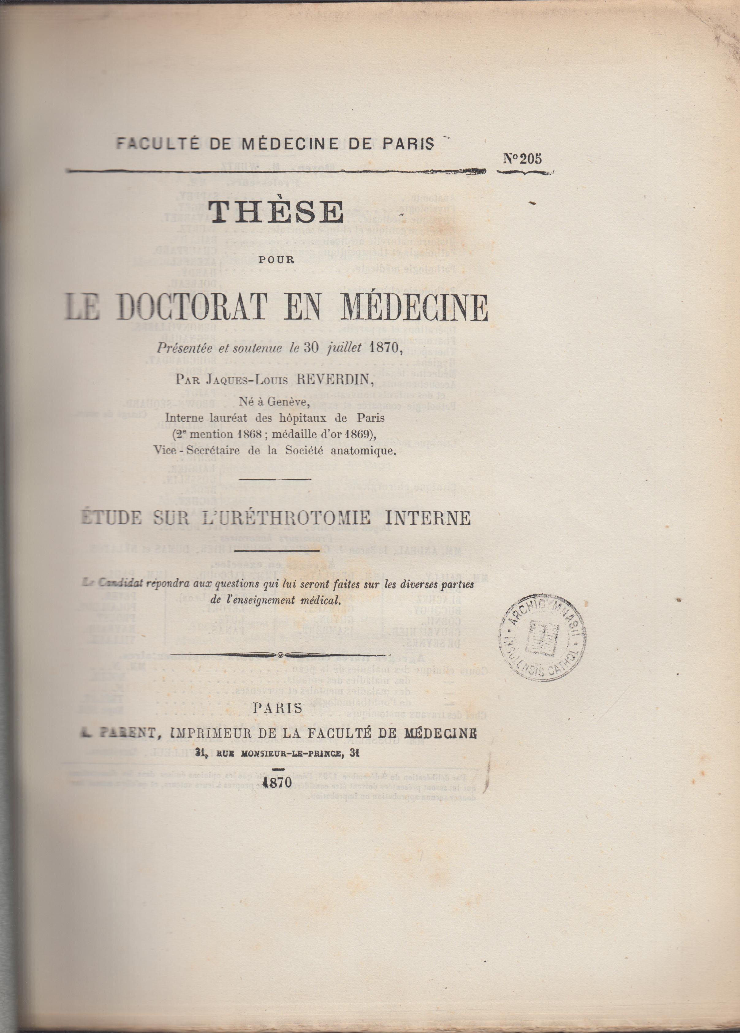 Etude sur l' uréthrotomie interne by Jacques Louis Reverdin: Très bon ...