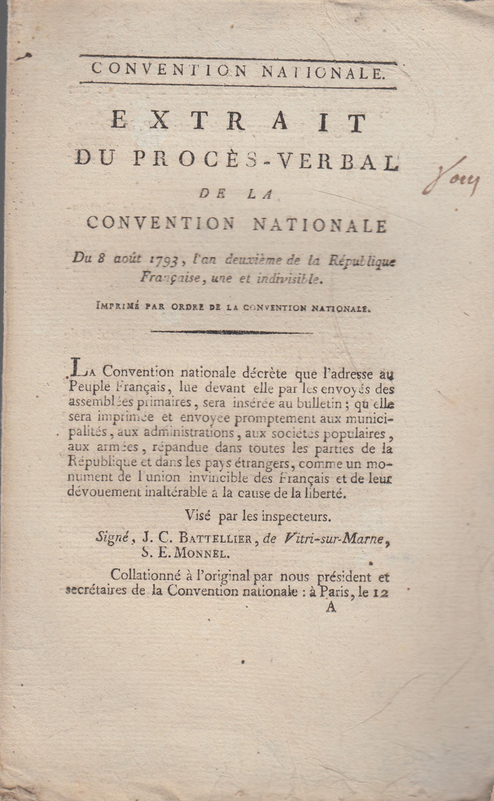 Extrait du procès-verbal de la Convention nationale, du 8 août 1793, l ...