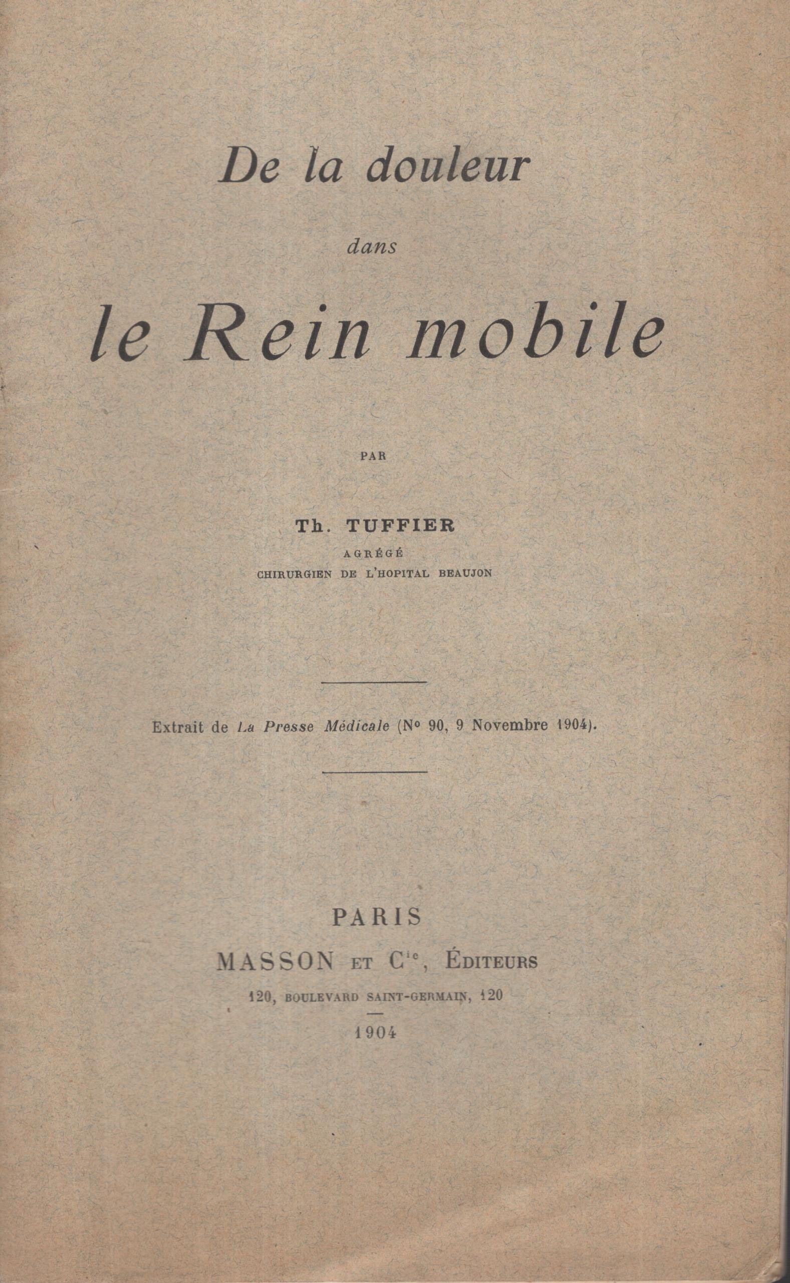 De la douleur dans le rein mobile by Th. Tuffier: Très bon Couverture ...