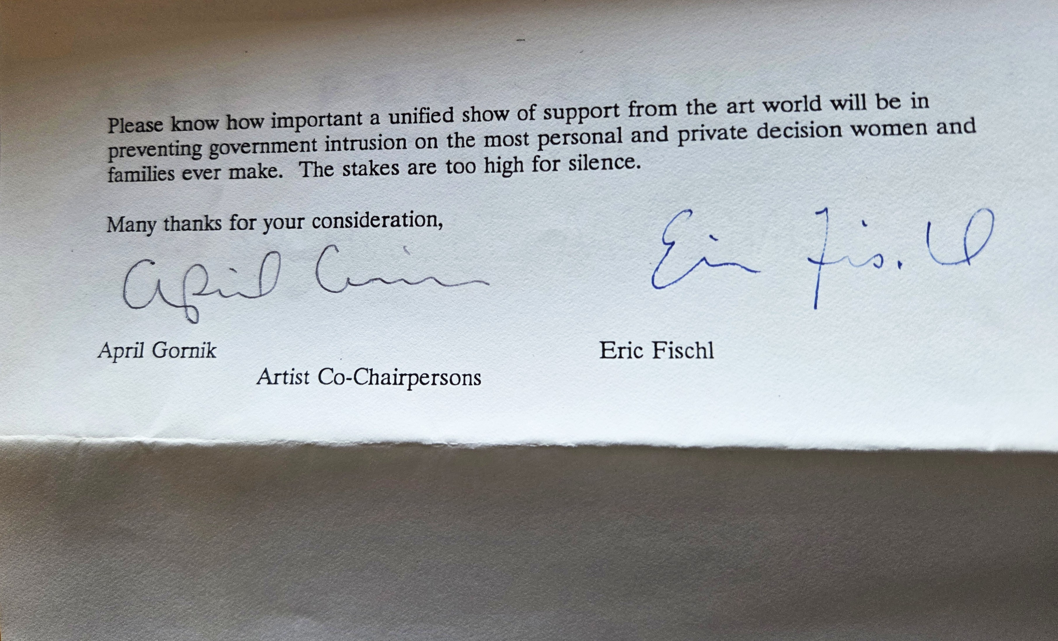 Letter SIGNED by Eric Fischl & April Gornik ( with a signed letter by ...