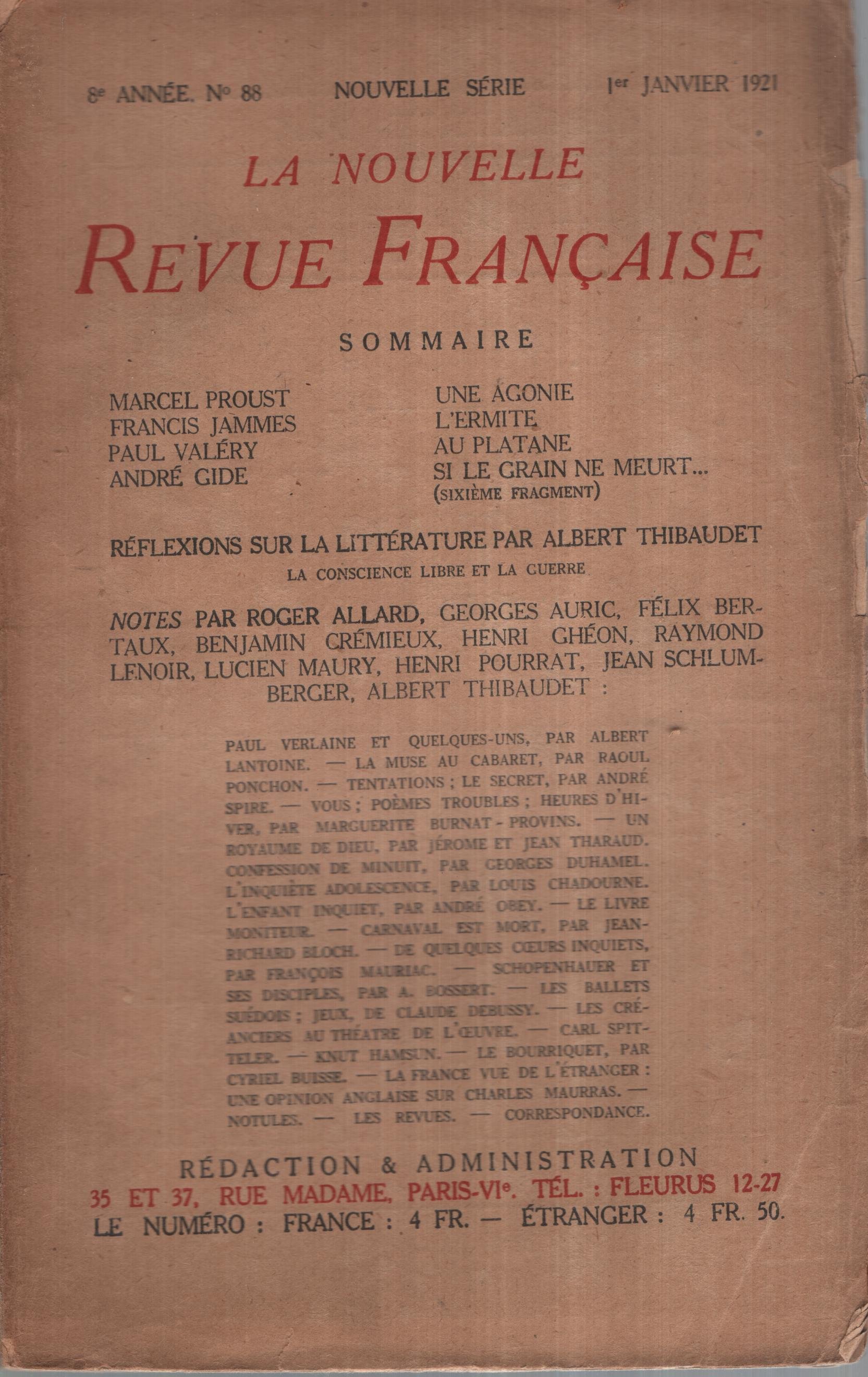 La Nouvelle Revue Française Janvier 1921 N° 88 by Marcel Proust ...
